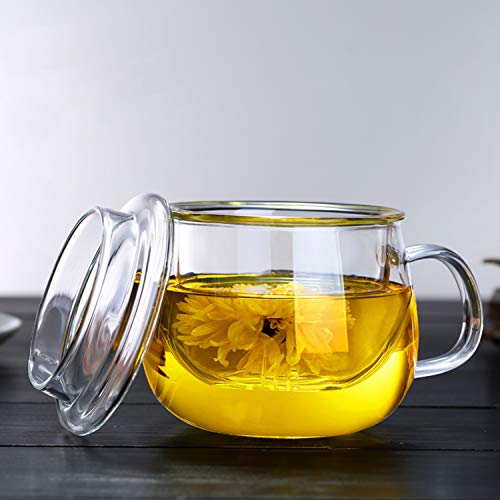 Lezero 13 ounce Tea Cups Kits Loose Tea-leaf Brewing System, Thickened Glass Cups with Tea Infuser Basket and Lid, Simple Filtration Teacups Great for Family Daily