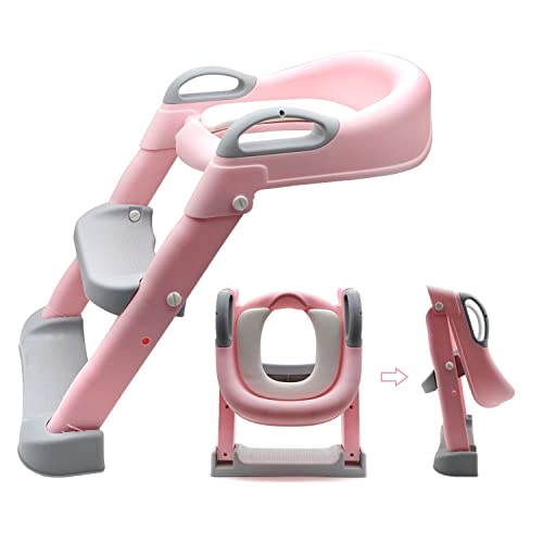 HTTMT- Classic Potty Training Toilet Ladder Seat With Upgraded Cushion Step Stool Ladder Toilet Chair/Toilet Trainer for Baby Toddler Kids Children In Pink [P/N: ET-BABY002-PINK-C]