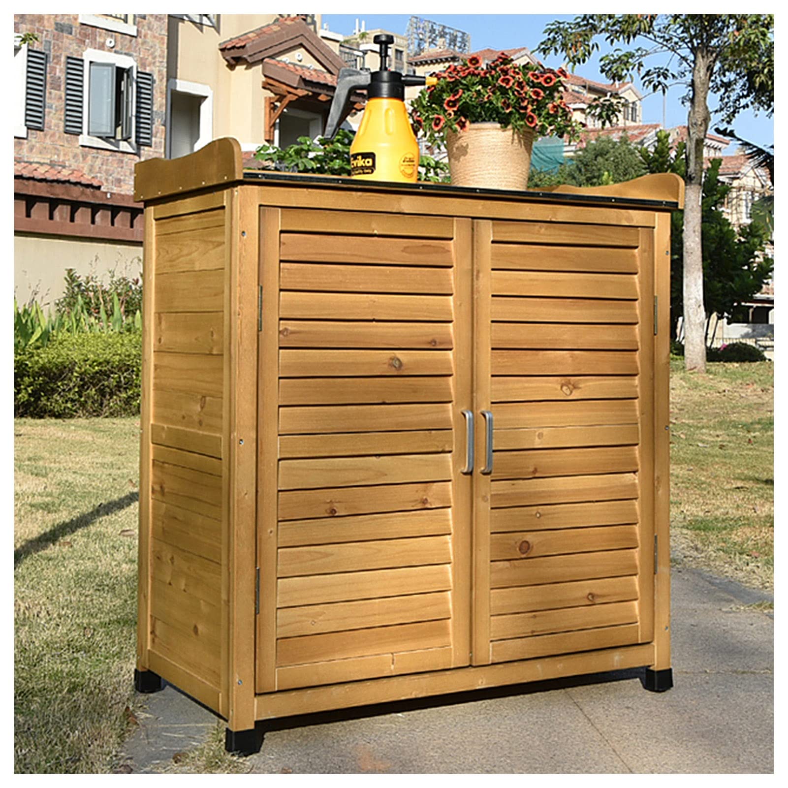 Furniture Waterproof Tool Shed Outdoor Garden Patio Storage Cabinet with Potting Benches Outdoor Work Station Table (Color : Brown)