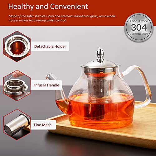 Glass Teapot, 40oz/1200mL Glass Kettle with Removable Stainless Steel Infuser for Blooming Tea & Loose Leaf Tea, Gooseneck Tea Pot, Microwave & Stovetop Safe, Gift Box for Tea Maker