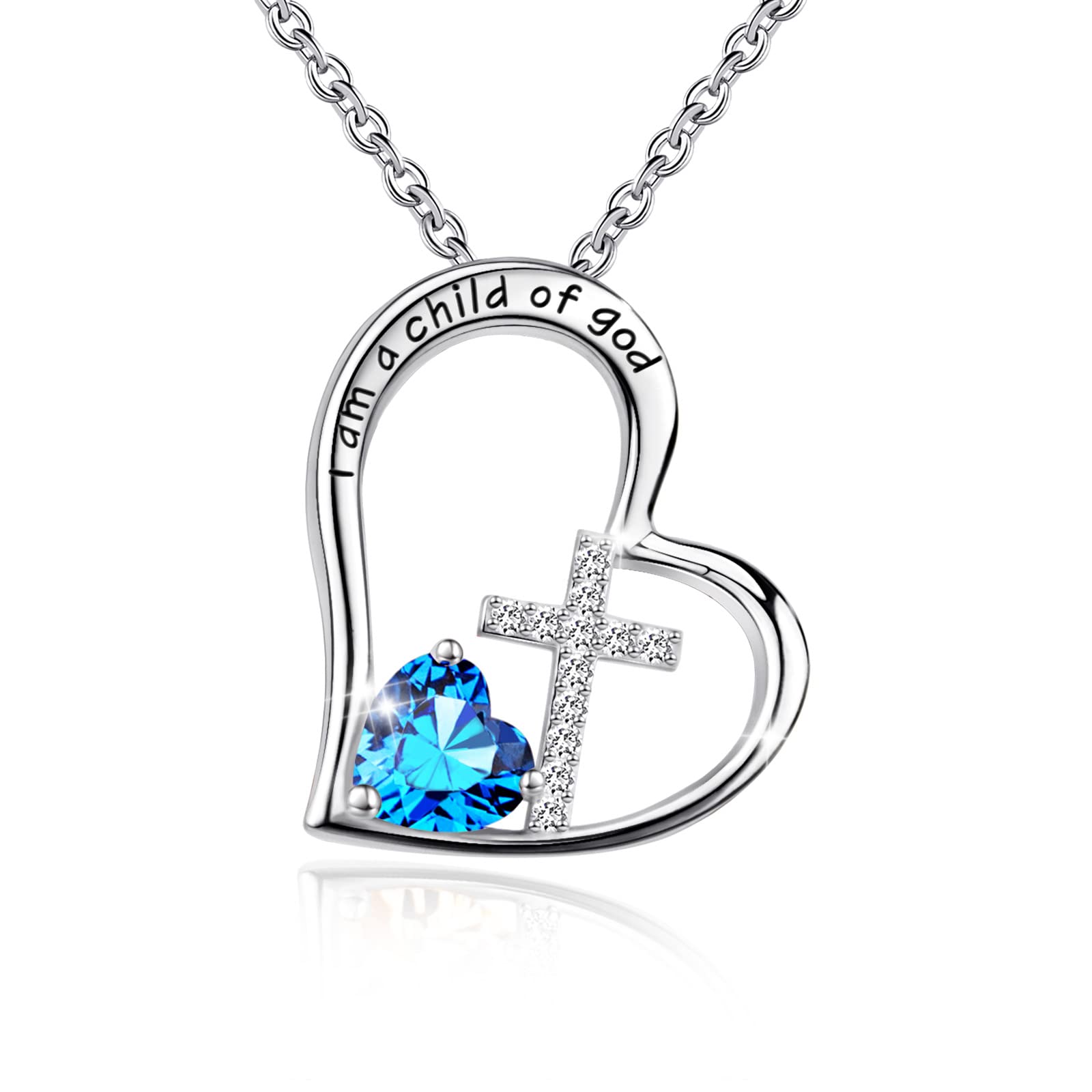 Bengnkes BG 925 Sterling Silver I Am a Child of God Cross Pendant Necklaces for Women, March Birthstone Blue Heart Necklace Communion Goddaughter Christian Baptism Gifts