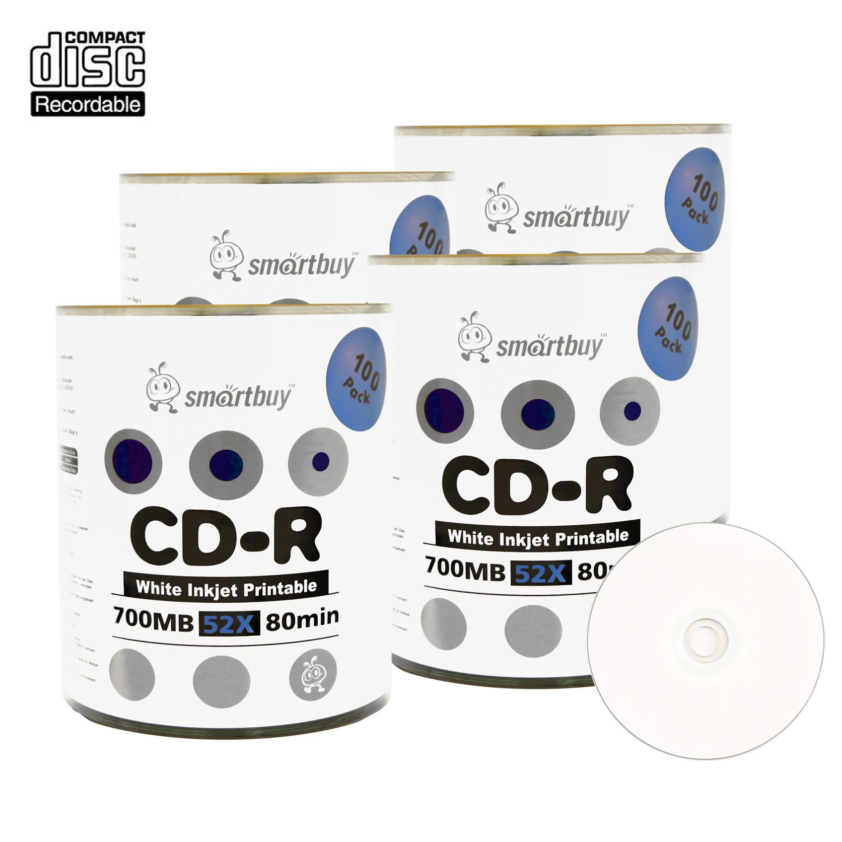 Smart Buy CD-R 400 Pack 700mb 52x Printable White Inkjet Blank Recordable Discs, 400 Disc, 400pk