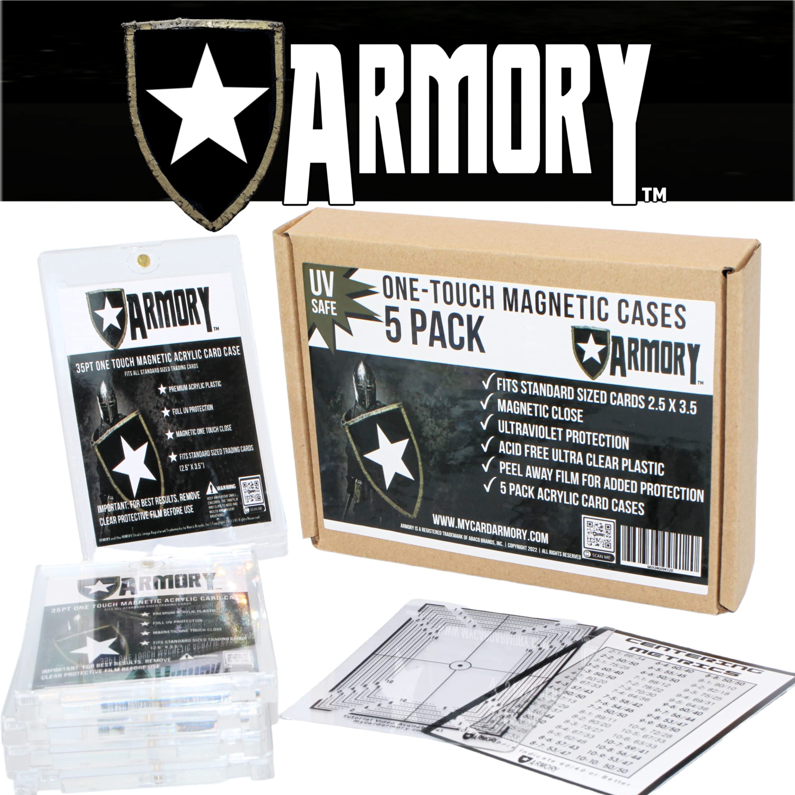 ARMORY 5-Pack One Touch Magnetic Trading Card Holder Case | Card Centering Tool! | 35pt Ultra Clear UV Protected | Pokemon Protector | Baseball Cards | One Touch Card Holder | Sports Cards Case