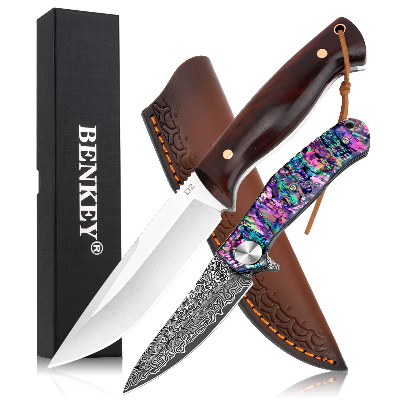 Benkey Abalone Seashells VG10 Damascus Pocket Knife with Clip Leather Sheath and Fixed Blade Hunting Knife Bundles