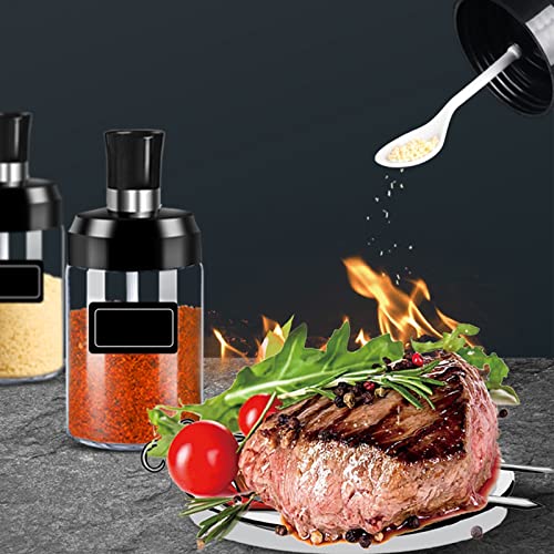 Kitchen Clear glass Spice Jars Seasonning Box Set of 4 with Spoons, Seasoning Containers Bottles with Black Cap,10oz for Home and Kitchen (4)