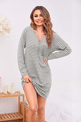 Ekouaer Women's Nightshirt Long Sleeve Button Down Nightgown V-Neck Sleepwear Pajama Dress