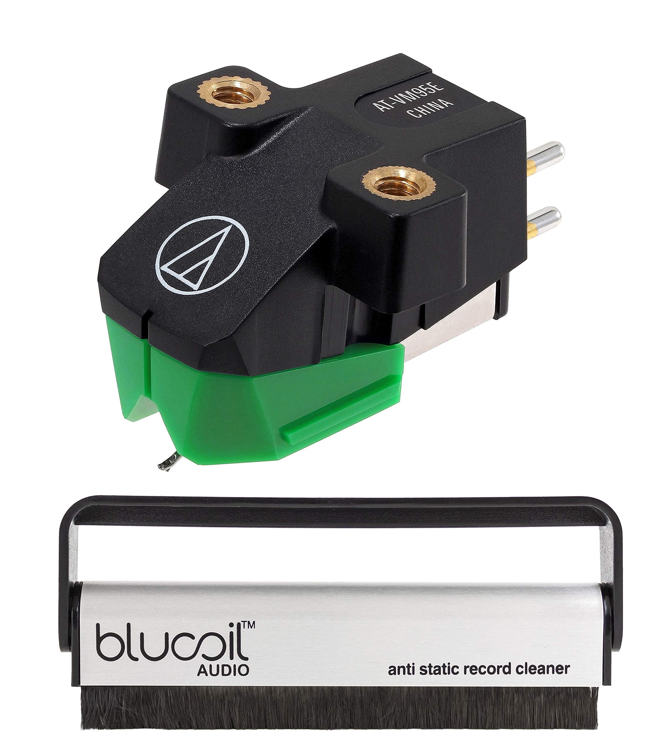 Audio Technica AT-VM95E Dual Moving Magnet Turntable Cartridge (Green) Bundle with Blucoil Carbon Anti-Static Vinyl Cleaning Brush