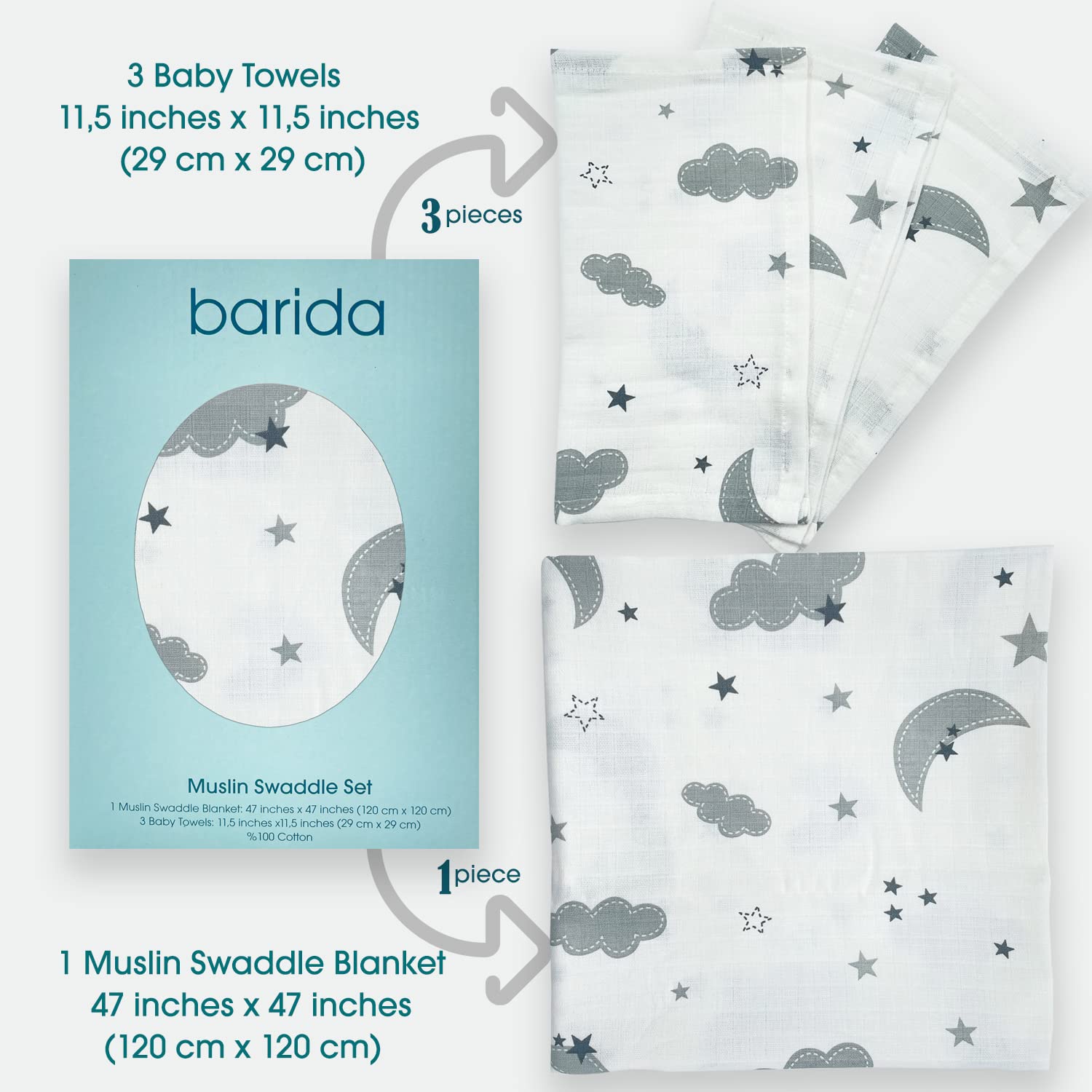 Barida Soft Muslin Swaddle Blankets, Infant Wearable Swaddling Set Skin Friendly Lightweight Ideal Gift Extra Large Wrap (Stars)