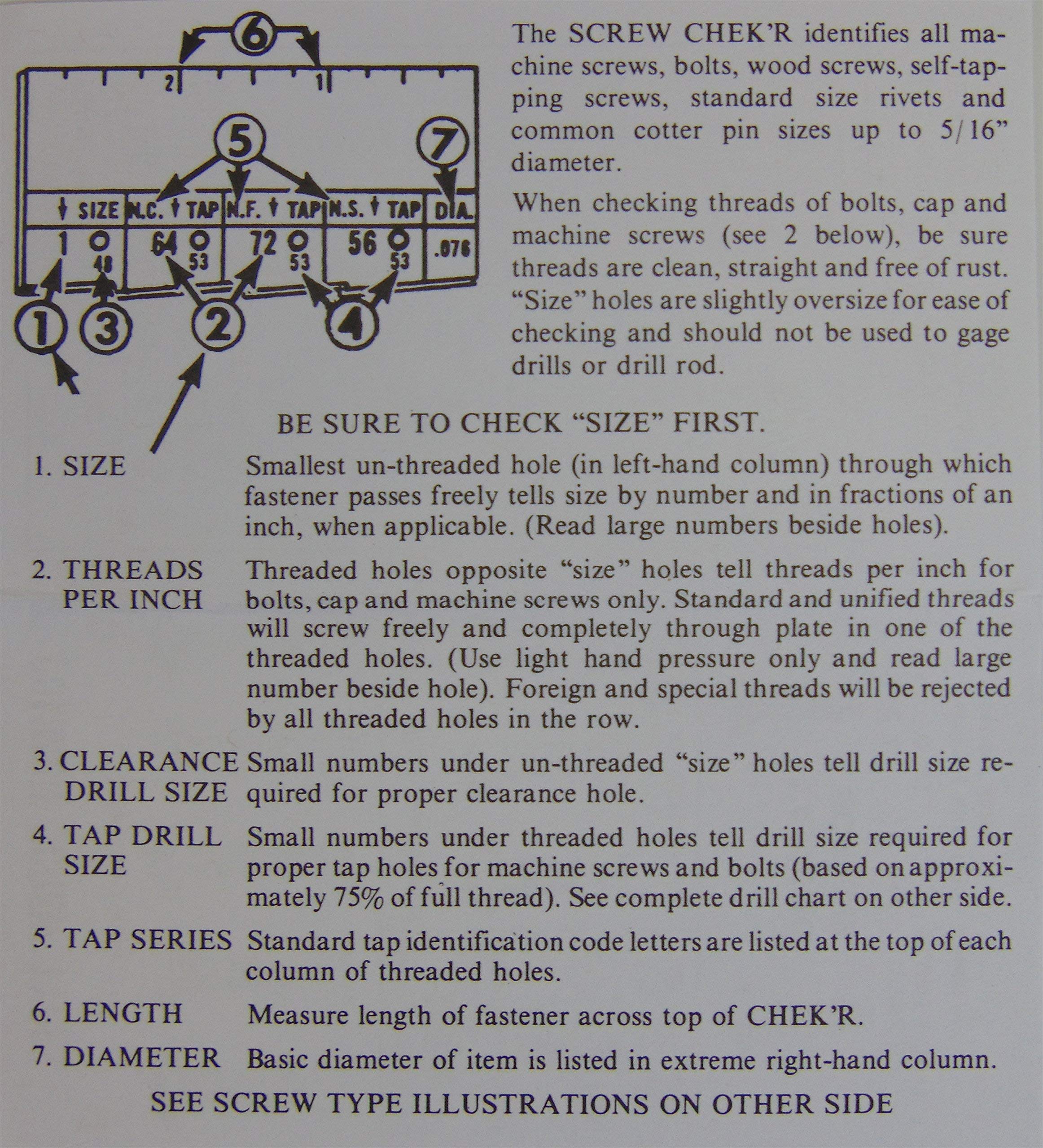 Ruelle Screw Chek’r SAE/ Inch Screw Thread Size Gauge (No. 1 to 5/16) 1/8 Inch Heavy Gauge Steel Screw Checker, Made in USA