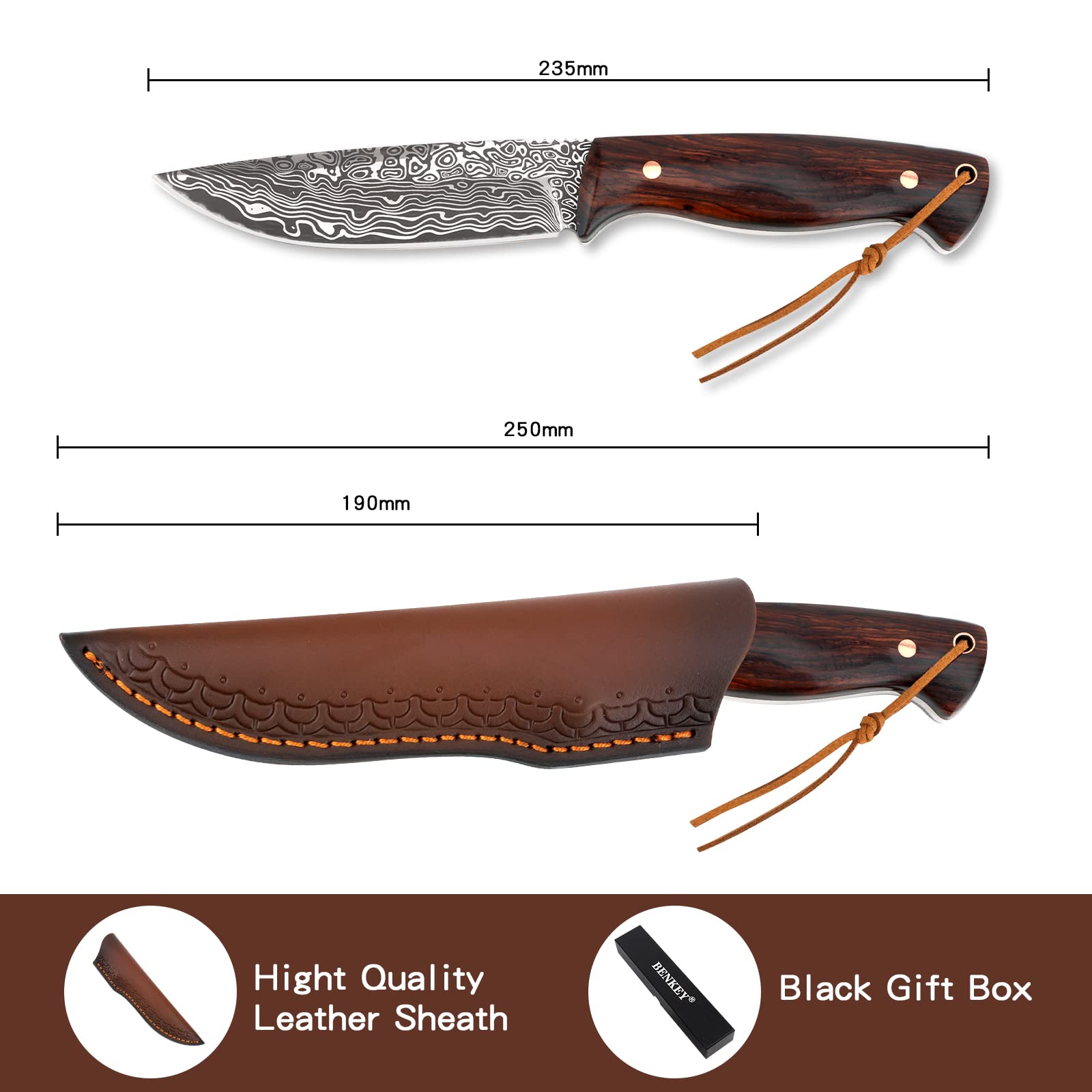 Benkey Fixed Blade Hunting Knife Full Tang with Leather Sheath, Solid & Sharp D2 Blade Outdoor Survival Hunting Knife, Comfortable Natural Wood Handle Camping Knife for Men and Women