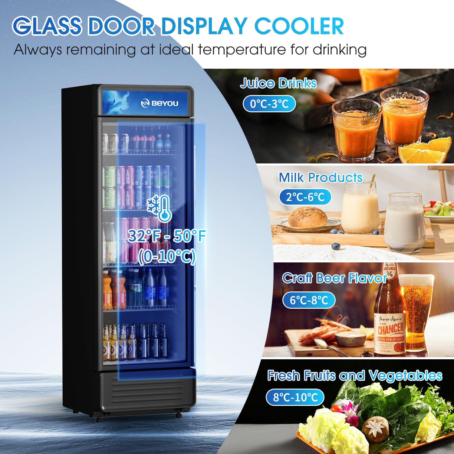 BEYOU Commercial Refrigerator, 12.2 cu. Ft Upright Beverage Display Merchandiser with single Glass Door, Drink Cooler for Living Room,Bar,Garage(Black)