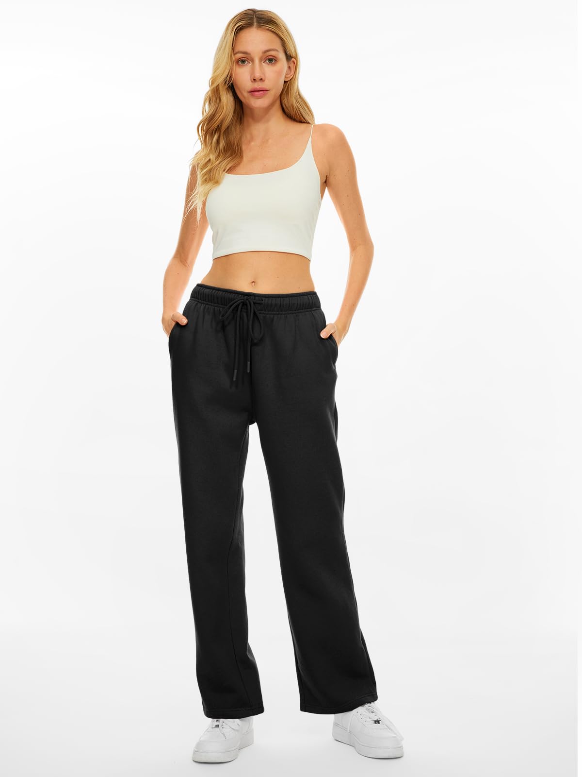 AUTOMET Women’s Trendy Sweatpants Fleece Lined Baggy Open Bottom Comfy Pants Drawstring Casual Sports Joggers Fall Outfits Black