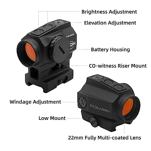 Foxarmy Reflex Red Dot Sight with Shake Awake,2MOA 1X22 Red Dot Optic Rifle Scope, Low Mount and Co-Witness Riser Mount