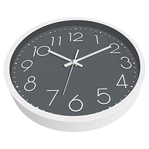 Foxtop 12 Inch Non-Ticking Wall Clock Silent Quartz Battery Operated Round Wall Clock Modern Easy to Read Clock for Office School Classroom Home Bedroom Living Room Kitchen (Gray)