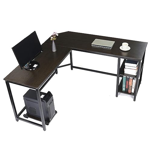 ENGERIO Reversible L Shaped Desk Computer Table with Storage Shelves, Home Office Desk Corner Desk Modern Simple Writing Study Table Gaming Table Workstation with CPU Power Tray Stand (Black)