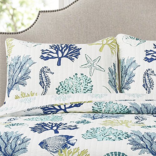 Lush Decor Coastal Reef 3 Piece Quilt Set, King, Navy & Blue