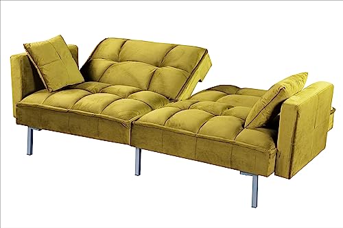 Container Furniture Direct Regal Convertible Sleeper Sofa Bed, Velvet Pull Out Couch with Mid-Century Style, Tufted Design and Metal Legs, Ideal for for Guests and Sleepovers, Greenish Yellow