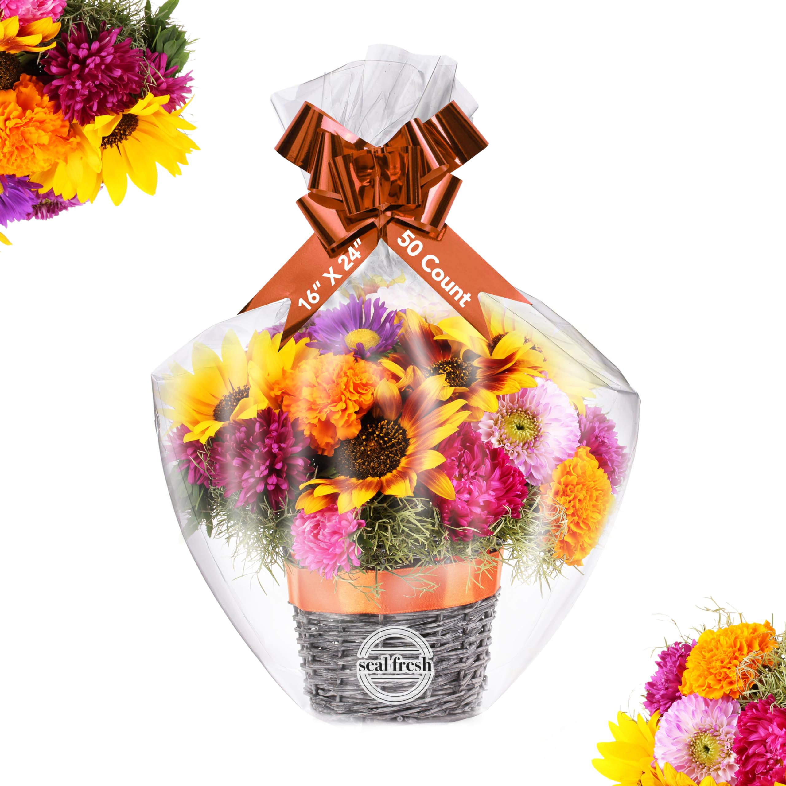 Seal Fresh Extra Large Cellophane Bags (Ribbon and Basket NOT Included) ā 16" x 24" (50 Count) ā Clear Basket Wrapping Bags, Cellophane Gift Bags, Large Cellophane Bags, Clear Gift Bags, Clear