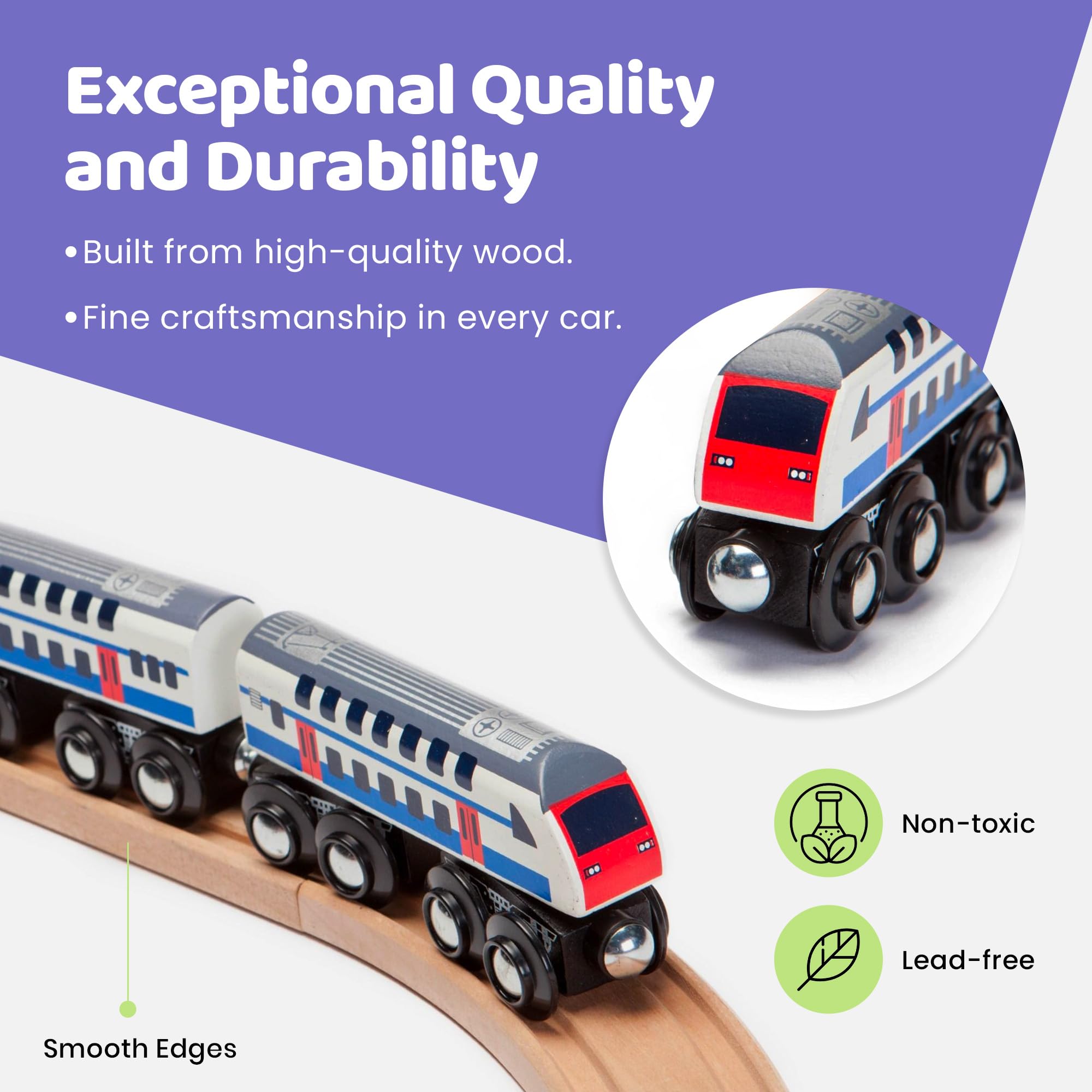 Maxim Enterprise, inc. Double Decker Wooden Train Set of 2 Engines & 1 Passenger Car, Multi-Level Commuter Transit Toy, Compatible with Thomas & Friends, BRIO, Other Major Brand Railways