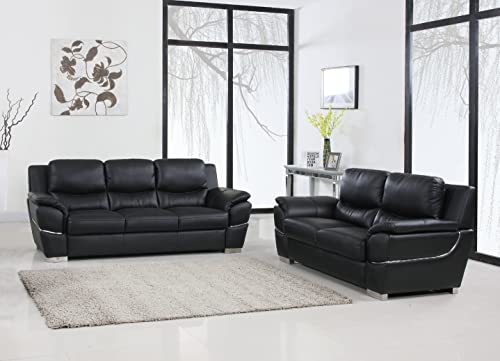 Blackjack Furniture Binion Modern Leather Loveseat for Living Room with Padded Headrests, Stainless Steel Legs & Accent Chrome Trim, Black