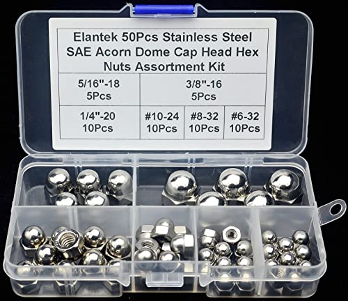 Elantek #6-32#8-32#10-24 1/4-20 5/16-18 3/8-16 SAE 304-Stainless Steel Acorn Dome Cap Head Hex Nuts Assortment Kit