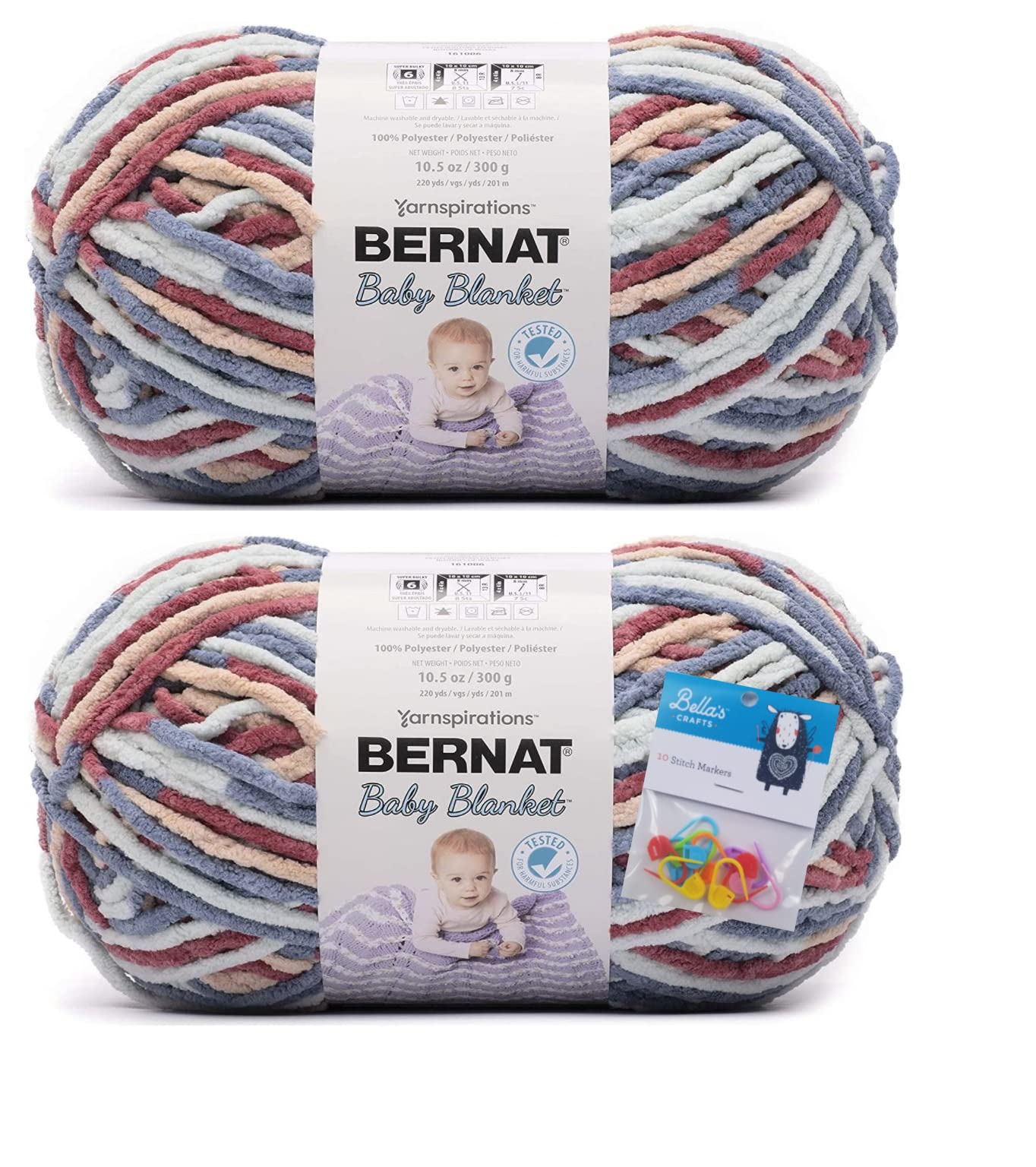 Bernat Baby Blanket Yarn - Big Ball (10.5 Oz) - Button Roses - 2-Pack Bundle with Bella's Crafts Stitch Markers