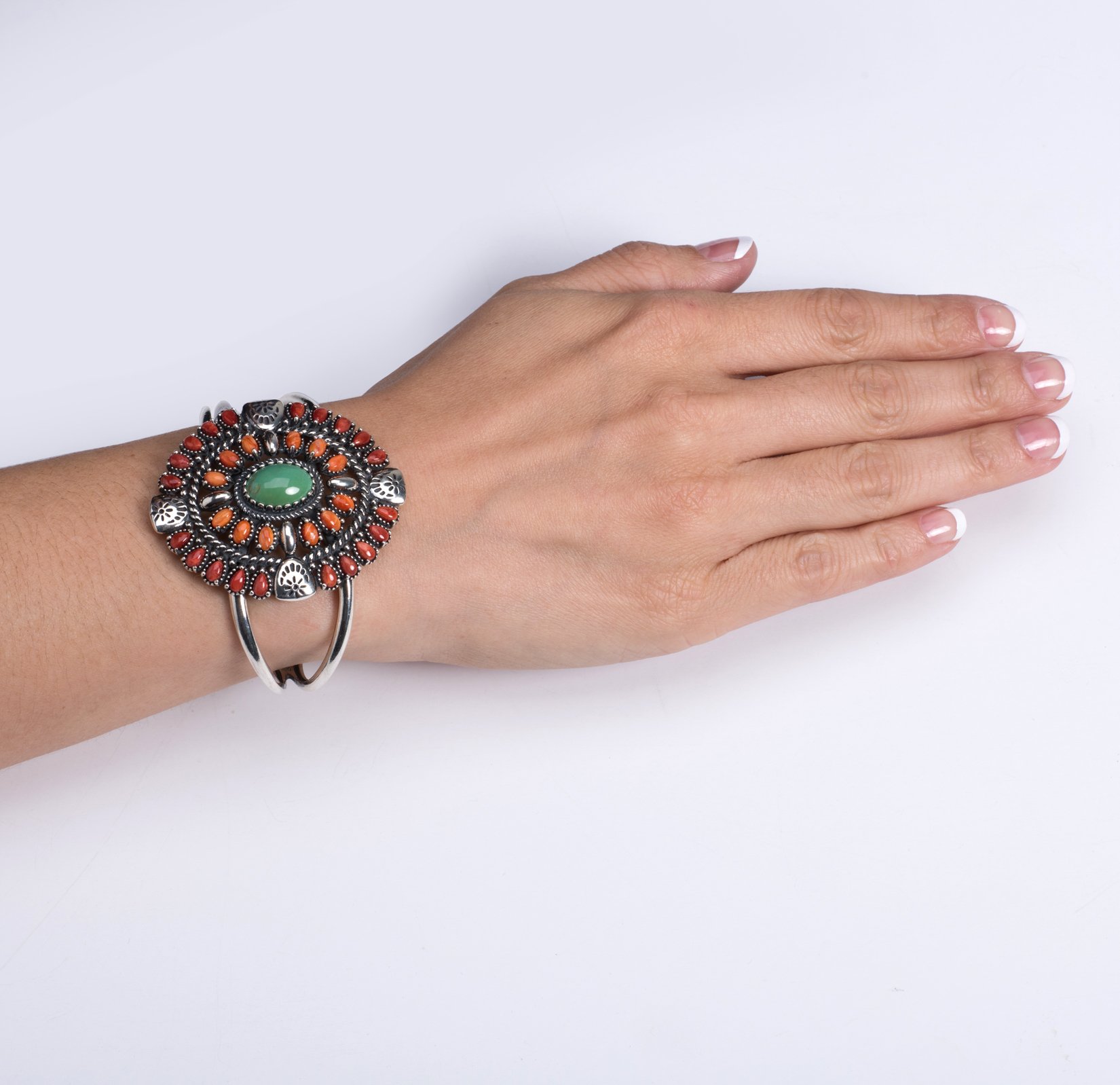 American West Sterling Silver Green Turquoise, Orange and Red Spiny Oyster Shell Gemstone Cuff Bracelet Size Medium