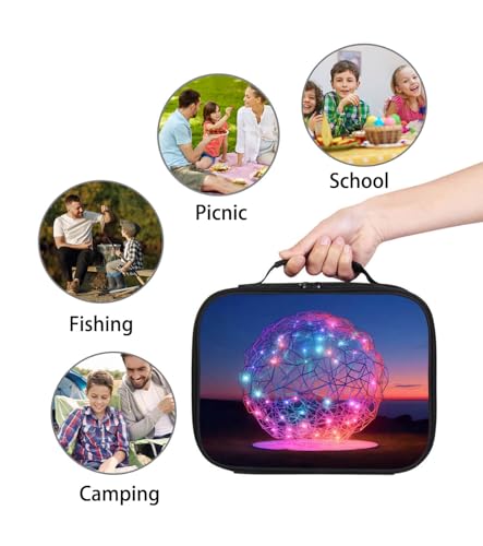 AnySmic Glowing Sculpture with Neon Lights at Night Kids Lunch Bag, Outdoor Art Kid Lunch Box, Polyester, Double Zipper, Single Sided Printed, Inner Insulation layer