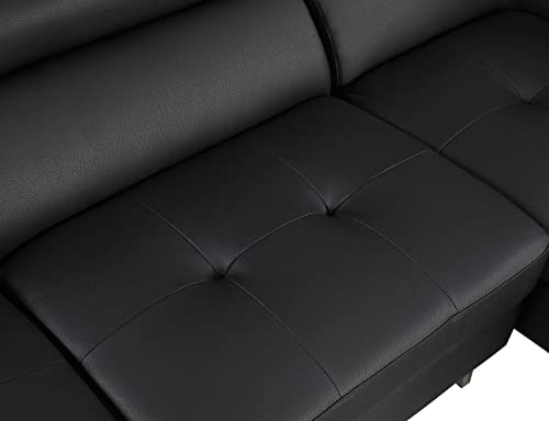 BlackJack Furniture Union Modern Faux Leather Sofa with Adjustable Headrests, Chaise, Elegant Tufted Seat, High-Density Foam and Stainless Steel Legs, Left Facing Sectional, Black
