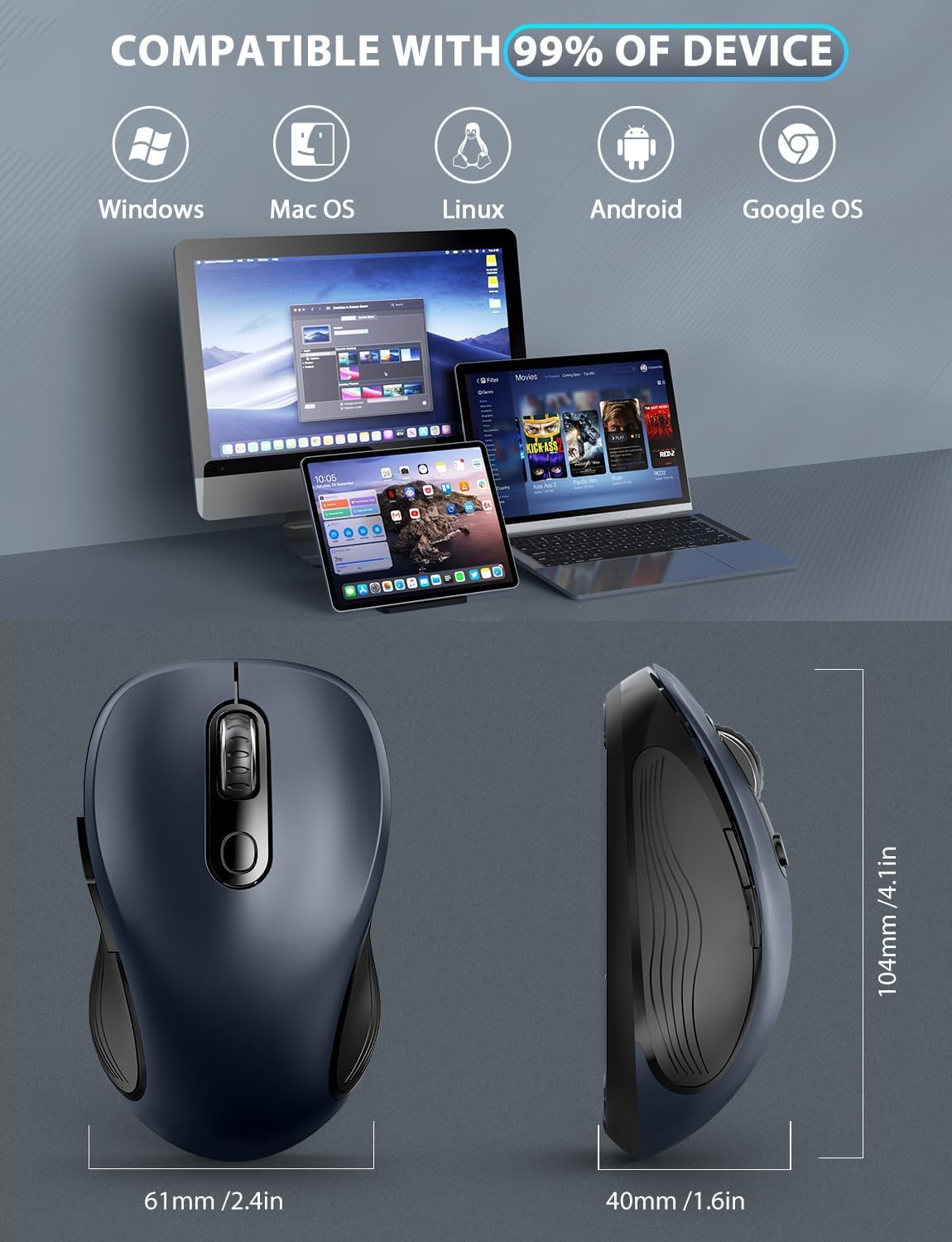 Trueque Wireless Mouse for Laptop, 2.4GHz Ergonomic Computer Mouse with Back & Forward Buttons, 3 Levels Tracking Speed, 6 Buttons, Optical USB Cordless Mice for Windows Chromebook MacBook PC (Gray)