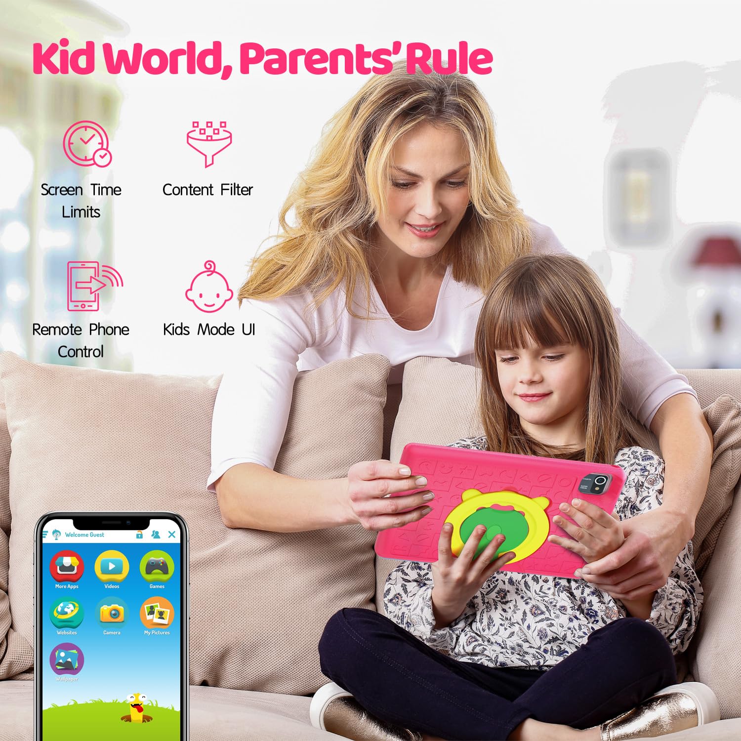 Anyway.go Kids Tablet 10 inch Tablet for Kids Android 13 Tablet 2+64GB Kid Tablet, Parent Controls, Kidoz Pre-Installed, 5000mAh Battery with WiFi Children Learning Tablet with Case (Pink)