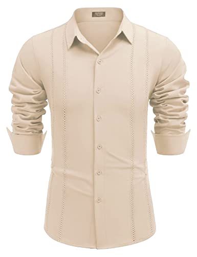 COOFANDY Men's Linen Shirts Casual Cuban Guayabera Shirt Long Sleeve Beach Shirts Beige