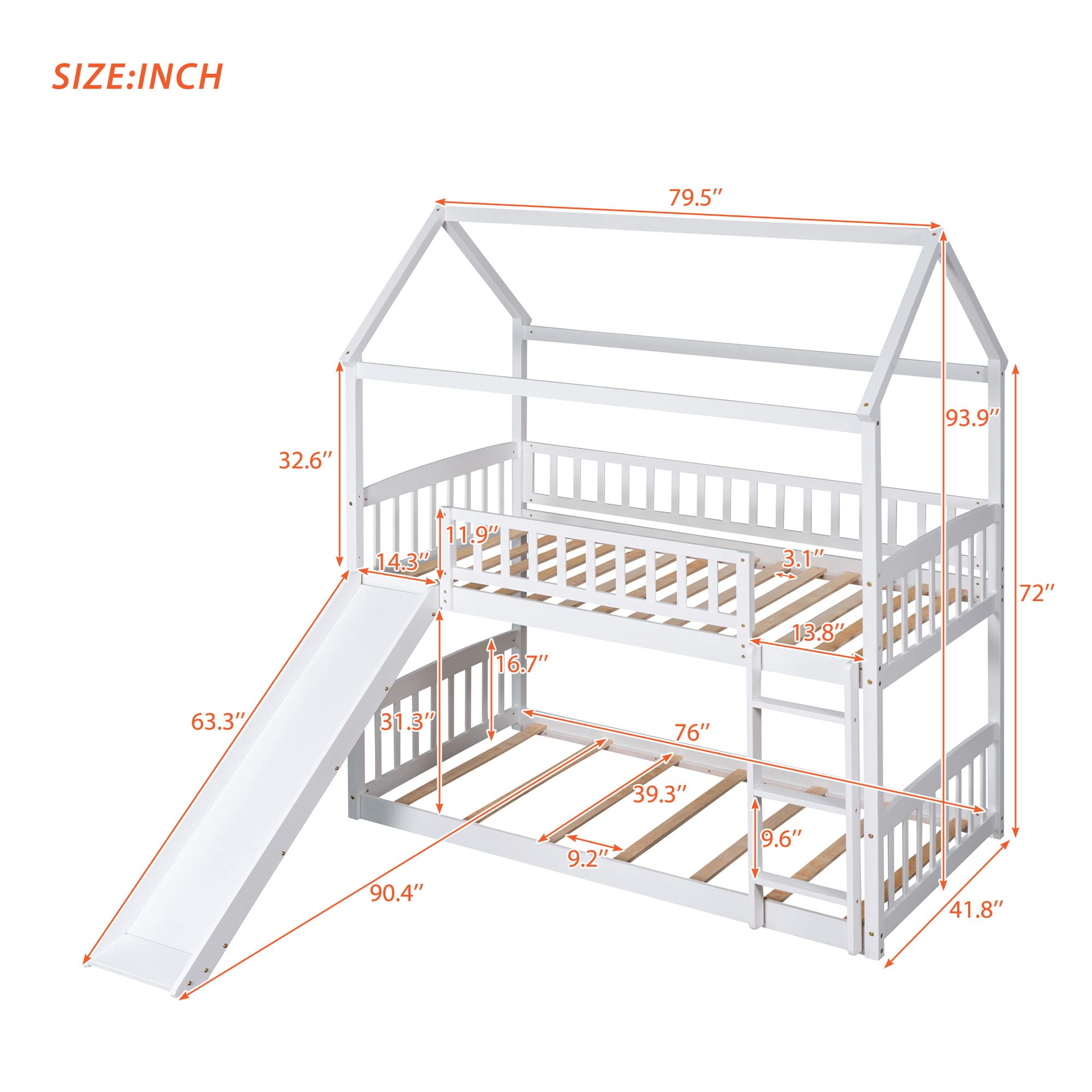 Harper & Bright Designs Kids House Bunk Beds with Slide, Wooden Twin Over Twin Bunk Bed Frame with Ladder, Guardrails, Bunk House Bed for Kids, Teens, No Box Spring Needed
