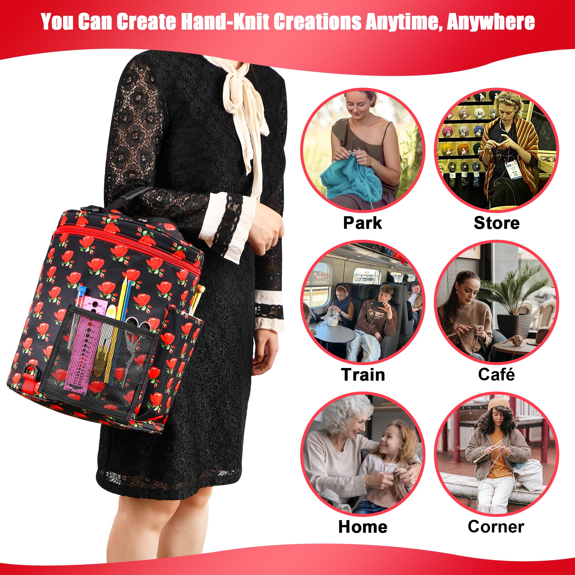 JOZEA Crochet Bag-Knitting Bag Yarn Storage Organizer - Yarn Bag and Crochet Tote, Yarn Holder for Crocheting, Crochet Accessories(Seductive Roses)
