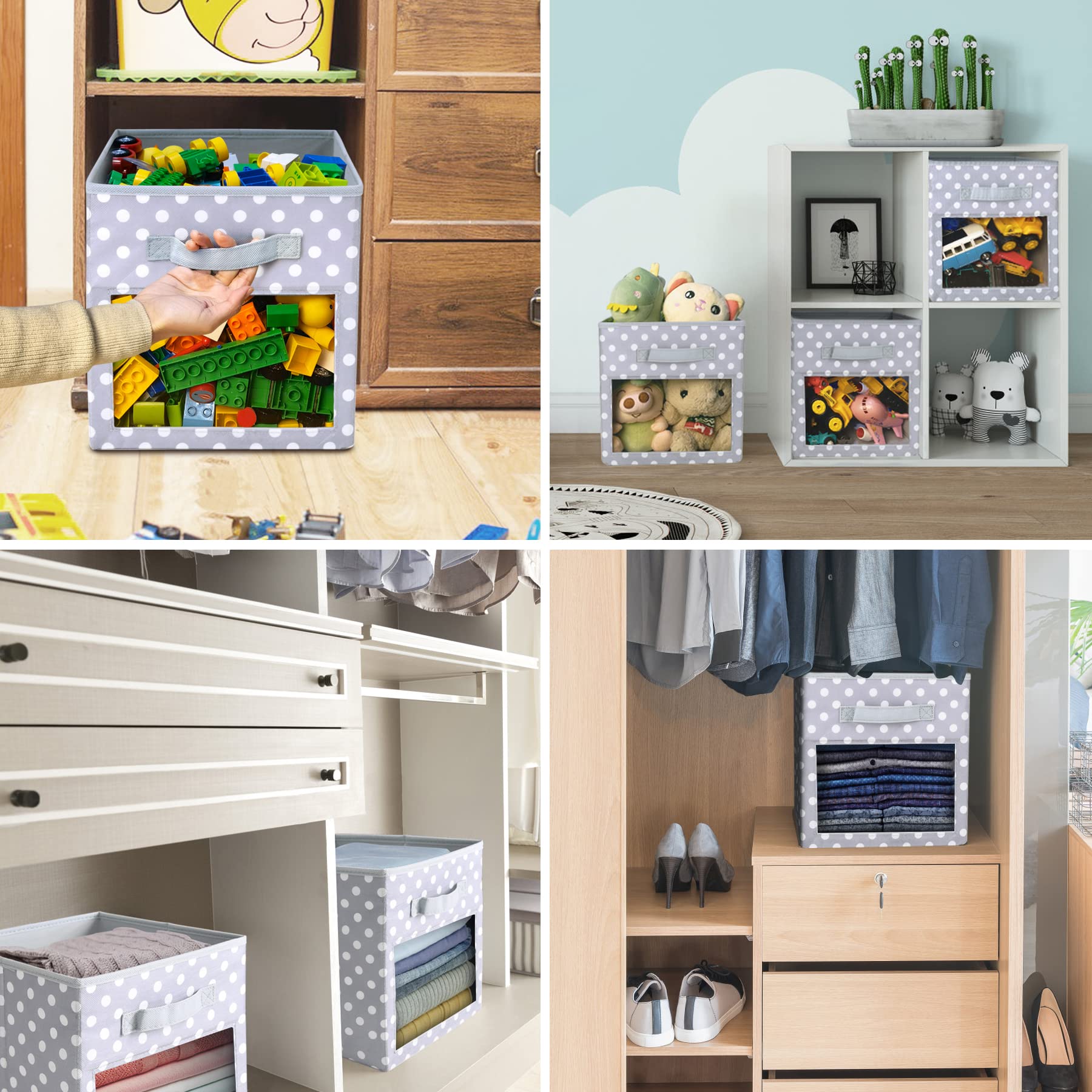 Utureal 11 Inch Fabric Cube Storage Bins with Clear Window, Collapsible Closet Shelves Storage Boxes with Handle, Kids Nursery Room Bedroom Home Basket, Toys Clothes Organizer Bin | Grey, Polka Dots