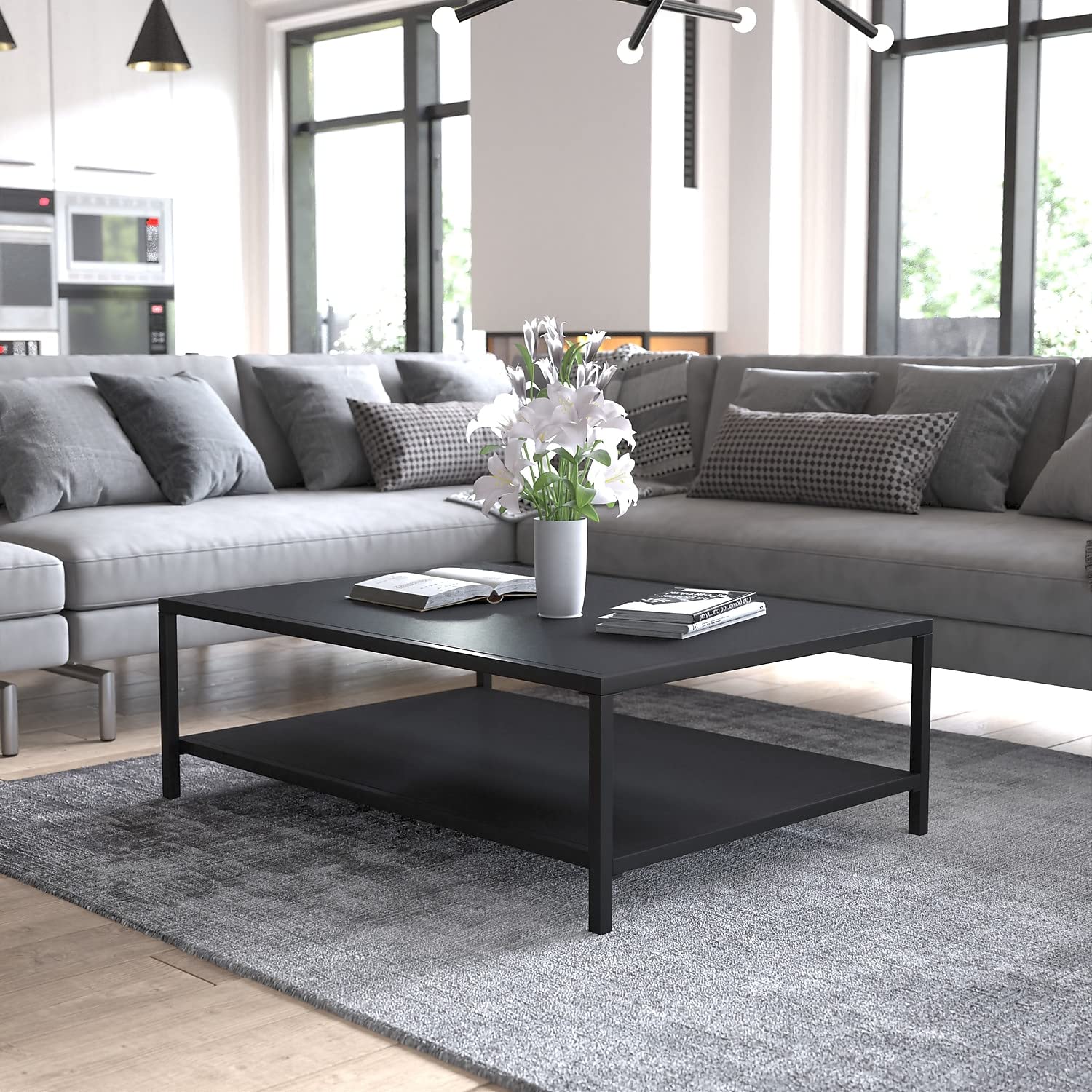 Flash Furniture Metal Indoor/Brock Outdoor Coffee Table with Lower Shelf - Black Steel Coffee Table for Business or Home Use - Modern Square Leg Frame