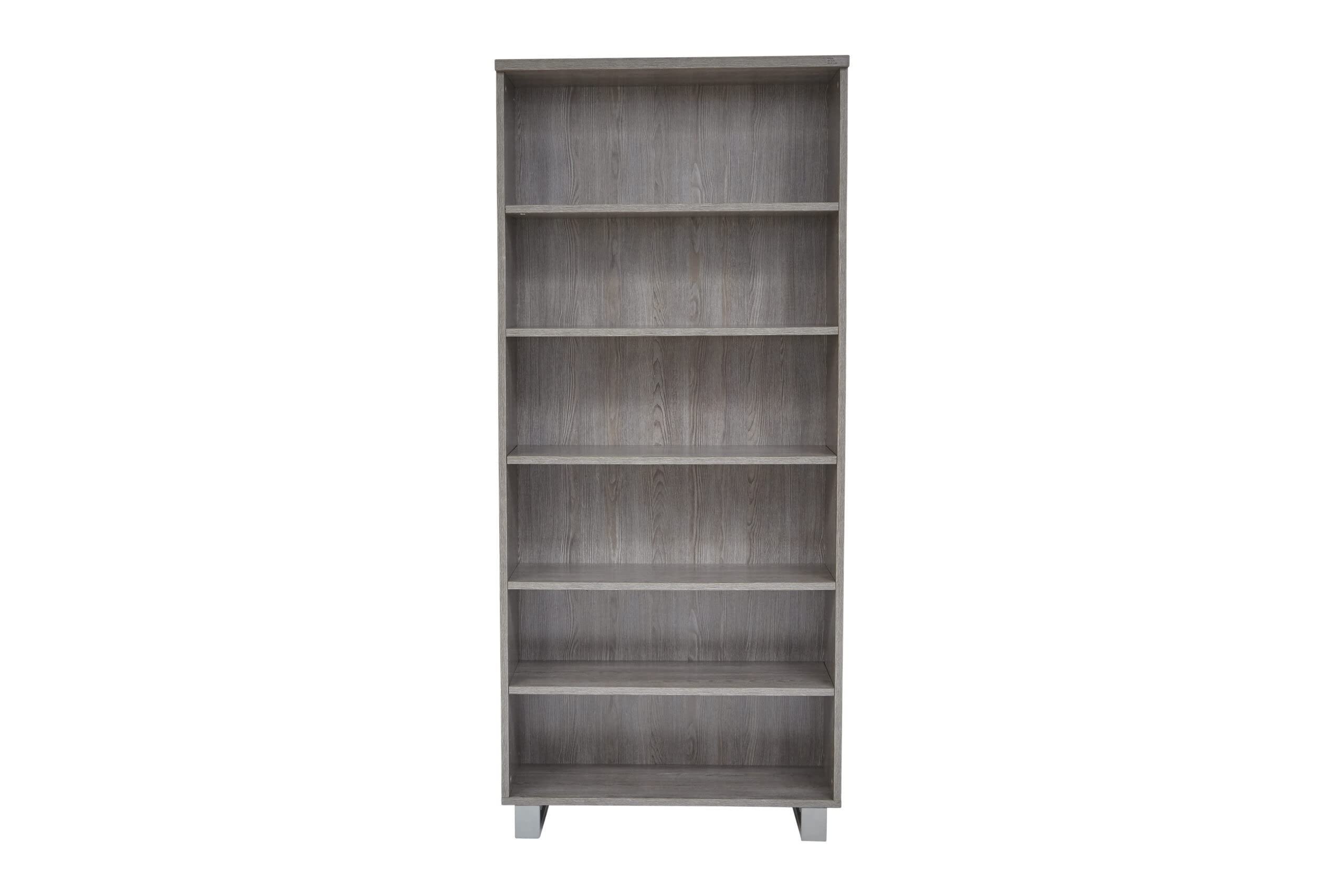 Unique Furniture Modern Zelma 5-Shelf Bookcase with Adjustable Shelves, Metal Frame Base, Freestanding for Office, Living Room, Bedroom, Library, Study Room, 13 x 32 x 72 in., Grey