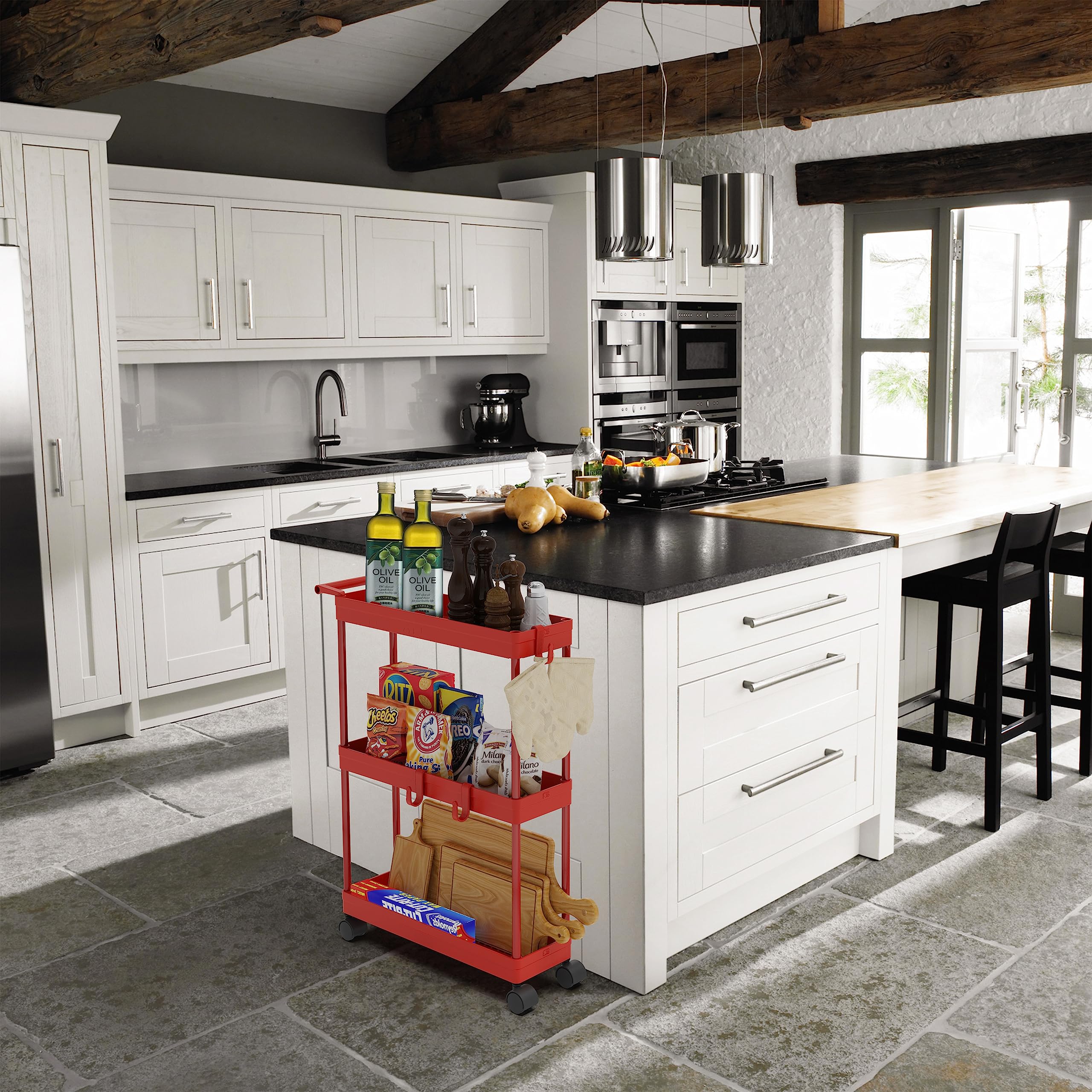 SimpleHouseware Kitchen Cart Storage 3-Tier Slim/Super Narrow Shelves with Handle, 26.5'' Height/5.5'' Width for Narrow Place, Red