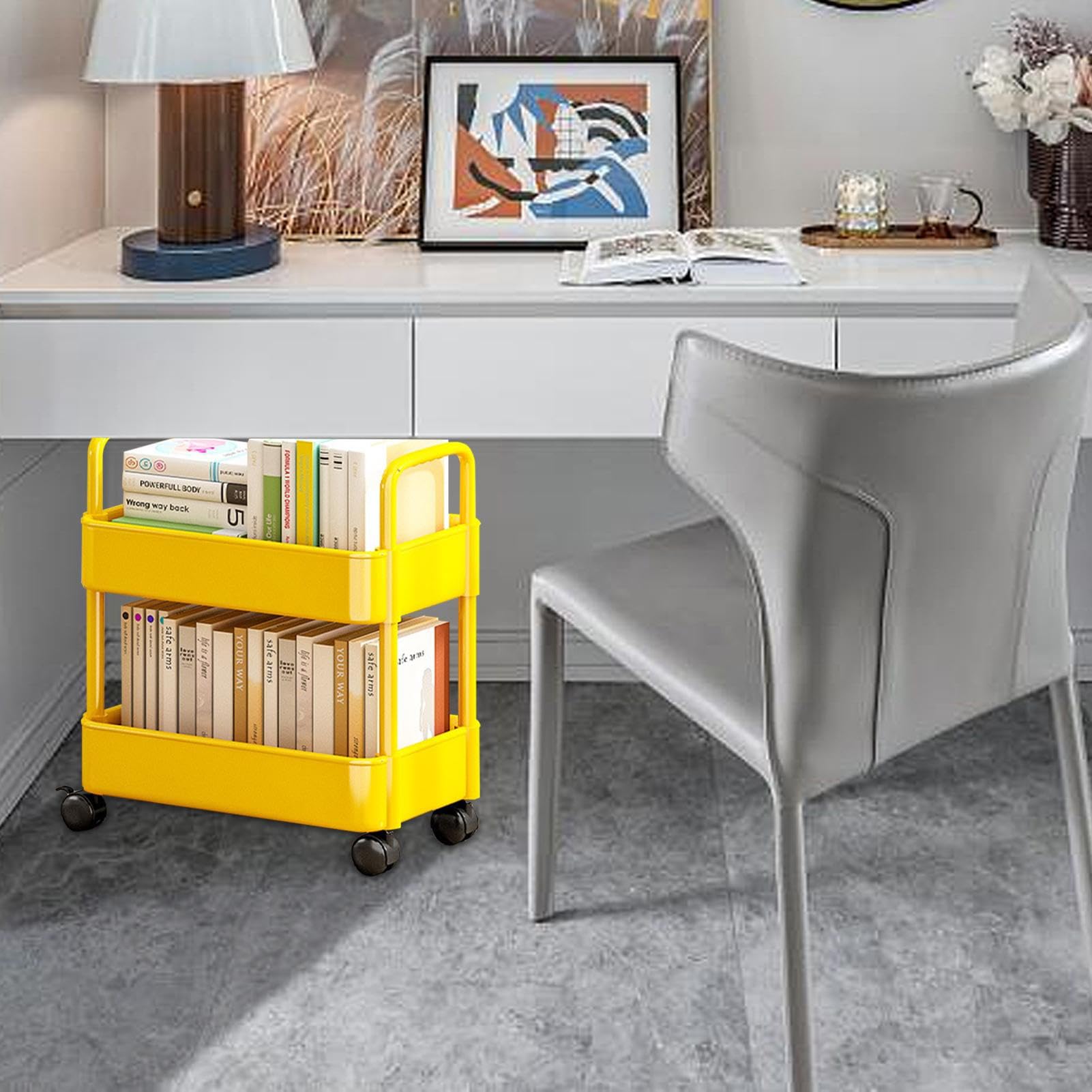 ANZAGA Bookshelf Cart, 2 Tier Rolling Cart Book Organizer, Movable Bookshelf, Rolling Shelf with Wheels & Hooks, Movable Storage Organizer for Home and Office