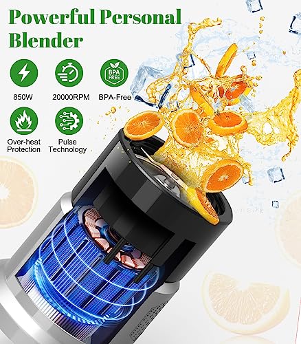 Personal Blender for Shakes and Smoothies, 6 Blades Bullet Blenders for Kitchen 850W, 17 Pieces Smoothie Blender with Grinder, 2 * 20oz To-Go Cups, Countertop Blender for Fruits, Protein Drinks, Ices
