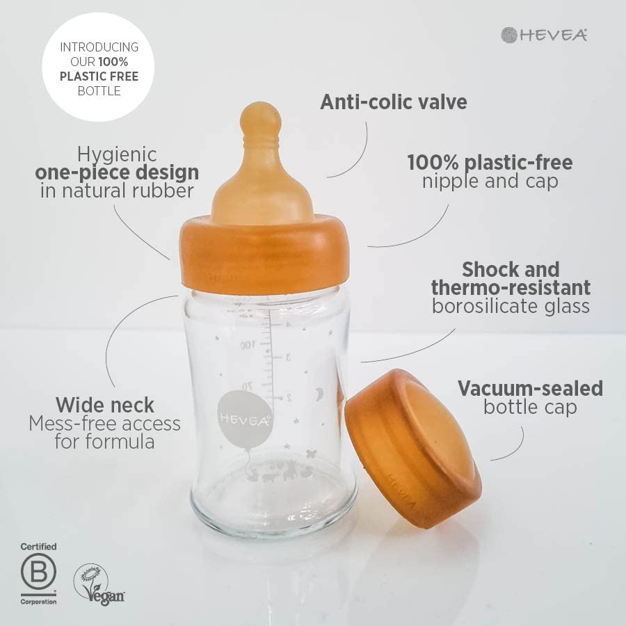 HEVEA Wide Neck Baby Glass Bottle 2-Pack Free from Plastic, BPA, and Phthalates (150 ml / 5 oz)