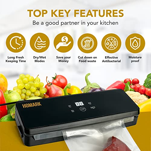 HOMARK Vacuum Sealer Machine, Digital Display Smart Function Household 80 kPa Food Saver Vacuum Sealer with Tempered Glass Surface, Dry Moist Mode, Includes 10 Vacuum Bags 6βx10β, 3 Food Modes,2 Pump Speed, Lab Tested
