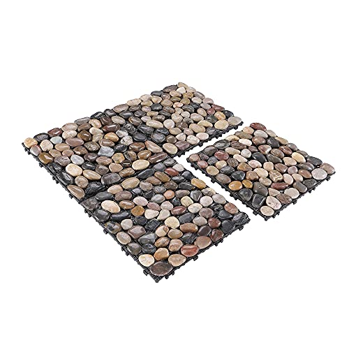 PURE ERA Natural Real Stone Interlocking Floor Deck Tiles Polish Pebble Tile Indoor Outdoor Use 12"x12" (4Pcs, 4 sq. Ft, Polished Mixed Color)- Great Upgrade to Patio Backyard Pathway