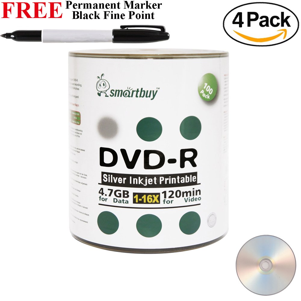Smartbuy 400-disc 4.7GB/120min 16x DVD-R Silver Inkjet Hub Printable Blank Media Disc + Black Permanent Marker