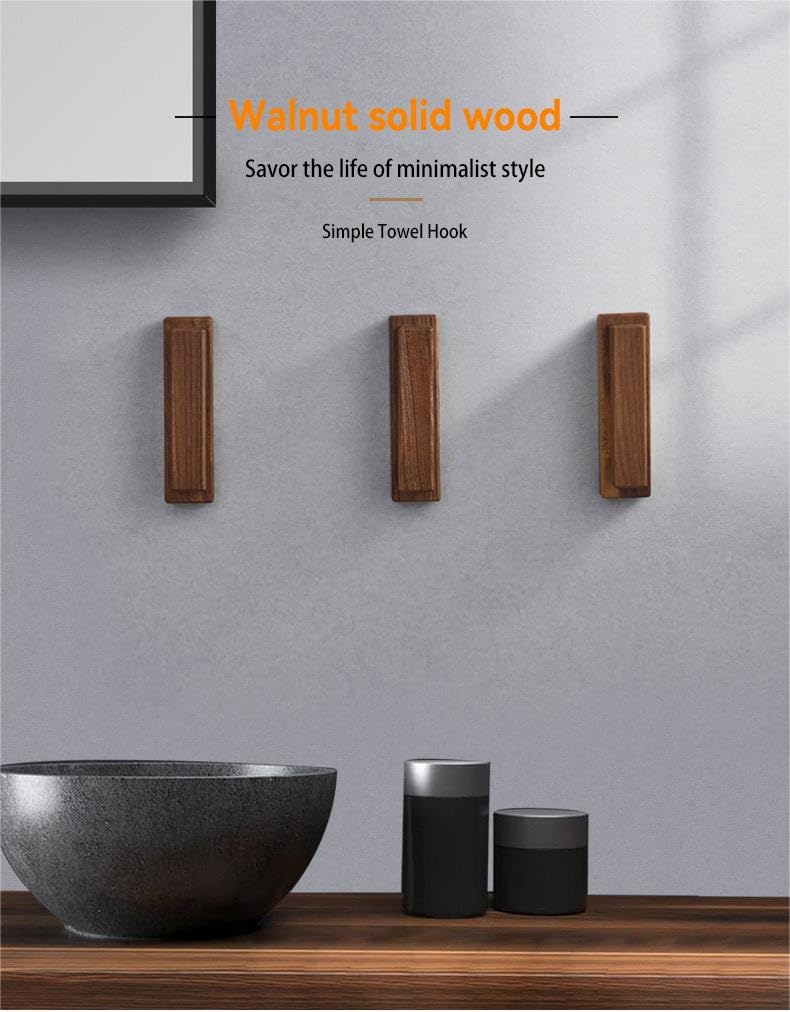 NOCITTA 2 Piece Wooden Wall Mounted Bathroom Towel Hangers, Hanging Clothes Hooks, Handmade Black Walnut Towel Hangers, Adhesive Hooks No Hole Punching, Quick Installation, Load Capacity 15kg