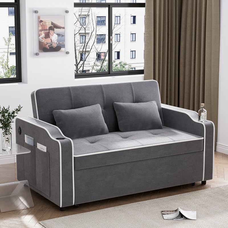 DAMAIFROM Sleeper Sofa Bed with USB Port, Velvet Pull Out Couch Bed, 3-in-1 Convertible Upholstered Loveseat Sofa,Velvet Futon Couch with Adjustable Backrest for Living Room,Dark Grey