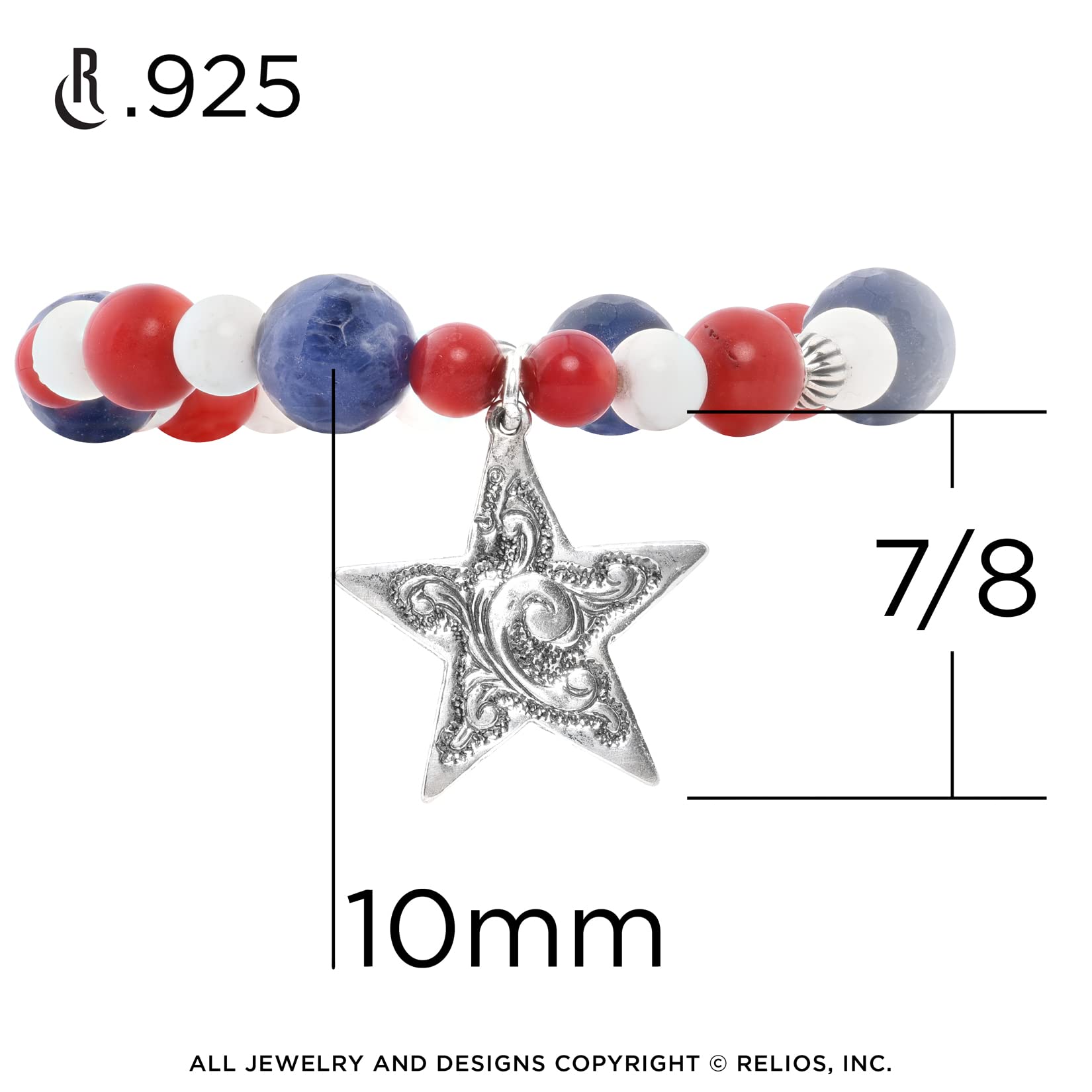 American West Sterling Silver Patriotic Beaded Stretch Bracelet with Star Charm Size Medium/Large