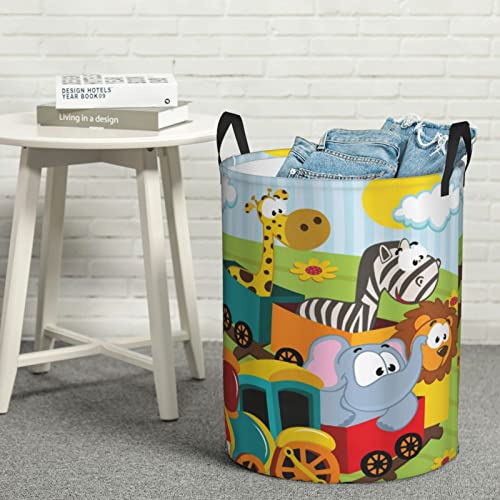 Laundry Basket,Cartoon Baby Safari Wild Animals In A Train With Striped Backdrop Toys Artwork,Large Canvas Fabric Lightweight Storage Basket/Toy Organizer/Dirty Clothes Collapsible Waterproof For College Dorms-Large