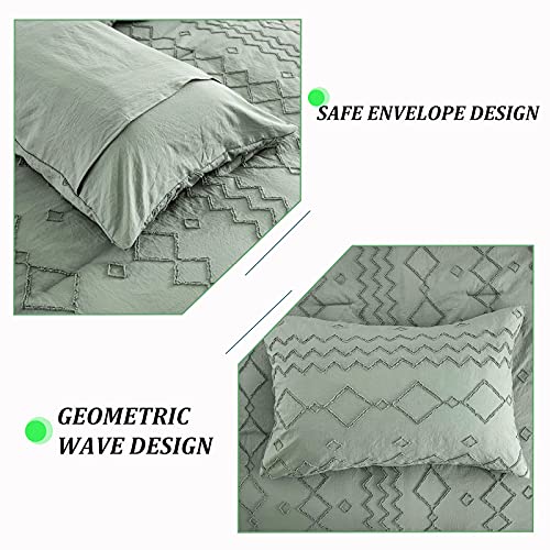 Green Tufted Comforter Set Queen Size (90×90 inches), Boho Shabby Chic Comforter Geometry Embroidery Bedding Set 3 Pieces (1 Comforter + 2 Pillowcases), Soft Microfiber Comforter for All Seasons