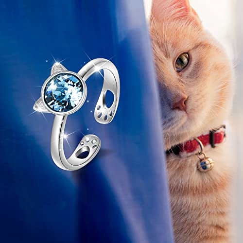AOBOCO 925 Sterling Silver Cute Kitty Cat Open Wrap Ring Adjustable Stacking Animal Bands Ring with Hollow Out Cat Paws and Created Blue Aquamarine Austrian Crystal